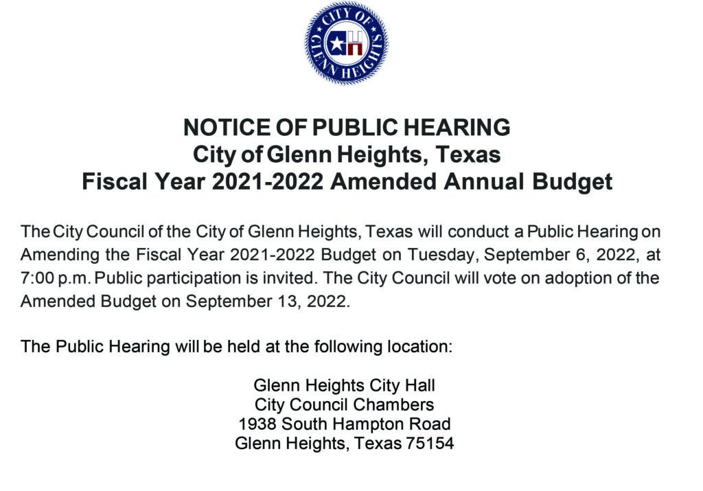 Glenn Heights Notice of Public Hearing - Proposed 2021-2022 Amended Budget